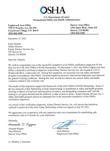 OSHA Letter - Kenny Electric